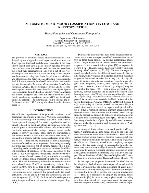 (PDF) Automatic Music Mood Classification via Low-Rank Representation