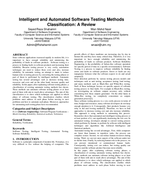 Pdf Intelligent And Automated Software Testing Methods Classification