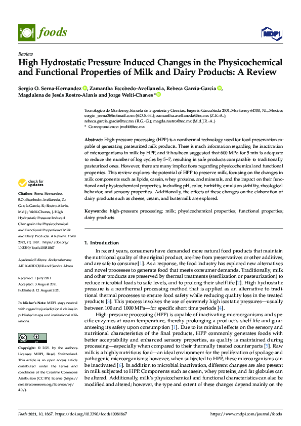 (PDF) High Hydrostatic Pressure Induced Changes in the Physicochemical and Functional Properties ...