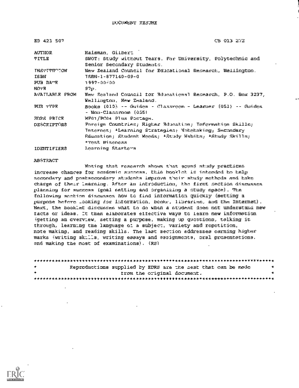 (PDF) SWOT: Study without Tears. For University, Polytechnic and Senior ...
