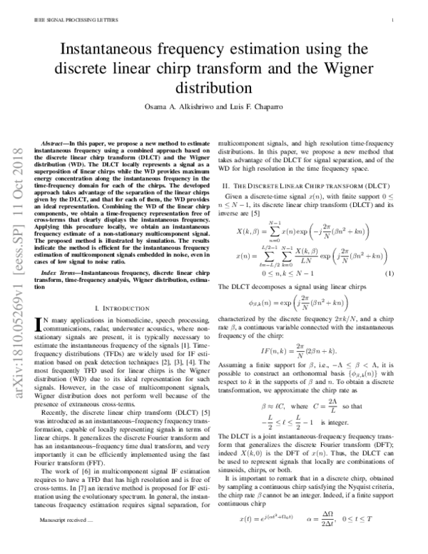 Pdf Instantaneous Frequency Estimation Using The Discrete Linear Chirp Transform And The