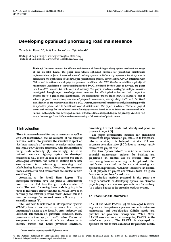 (PDF) Developing optimized prioritizing road maintenance