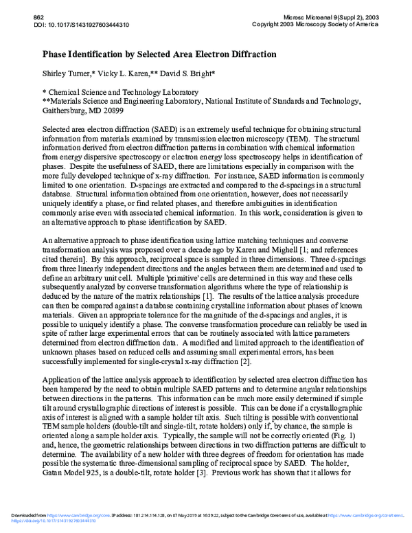(PDF) Phase Identification by Selected Area Electron Diffraction