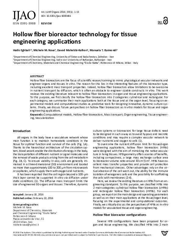 Pdf Hollow Fiber Bioreactor Technology For Tissue Engineering