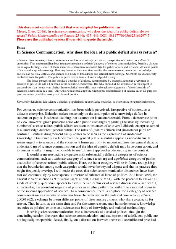 (PDF) In science communication, why does the idea of a public deficit ...