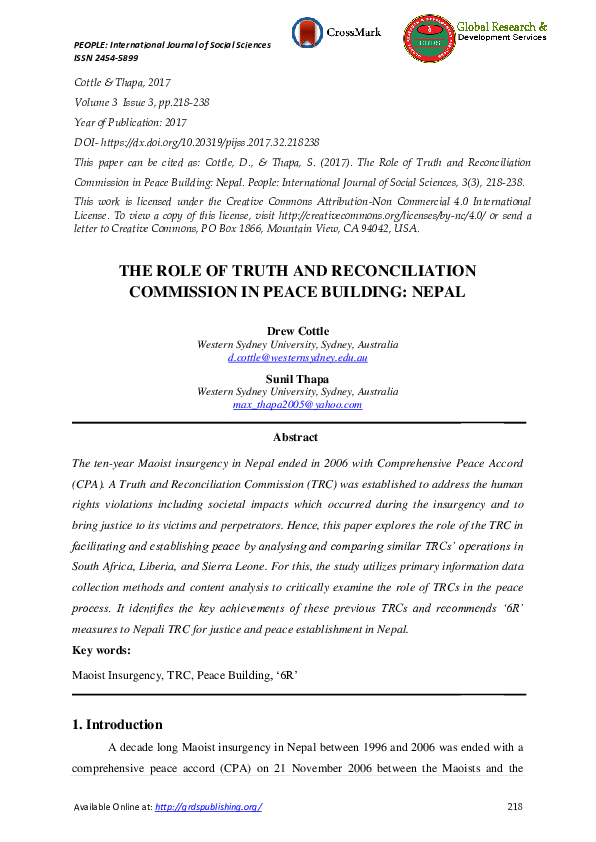 (PDF) The Role of Truth and Reconciliation Commission in Peace Building ...