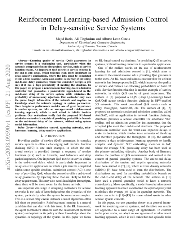 (PDF) Reinforcement Learning-based Admission Control in Delay-sensitive Service Systems | Ali ...