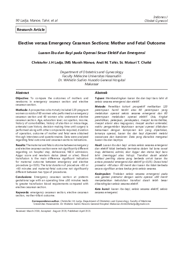 (PDF) Elective versus Emergency Cesarean Sections : Mother and Fetal Outcome