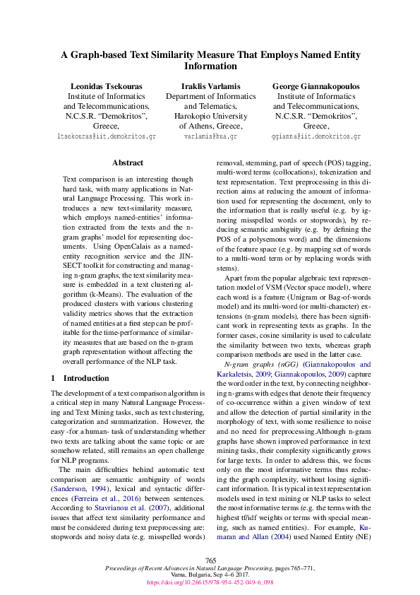 Pdf A Graph Based Text Similarity Measure That Employs Named Entity