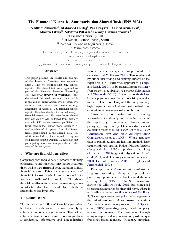 (PDF) The Financial Narrative Summarisation Shared Task FNS 2021 ...