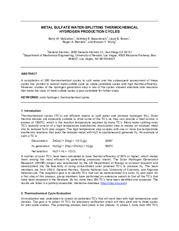 (PDF) Metal Sulfate Water-Splitting Thermochemical Hydrogen Production ...