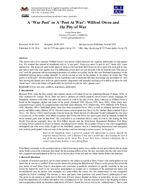 (PDF) A ‘War Poet’ or A ‘Poet At War’: Wilfred Owen and the Pity of War