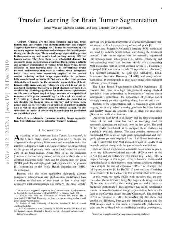 (PDF) Transfer Learning for Brain Tumor Segmentation