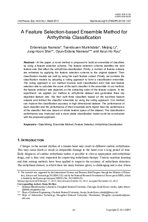 (PDF) A Feature Selection-based Ensemble Method for Arrhythmia Classification