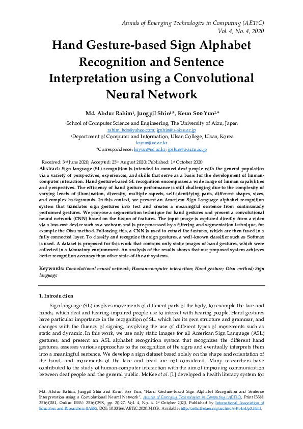 (PDF) Hand Gesture-based Sign Alphabet Recognition and Sentence ...