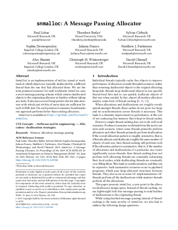 (PDF) Snmalloc: A Message Passing Allocator