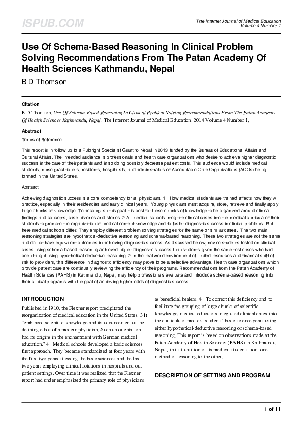 (PDF) Use Of Schema-Based Reasoning In Clinical Problem Solving ...