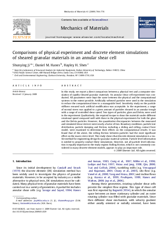 Pdf Comparisons Of Physical Experiment And Discrete Element Simulations Of Sheared Granular
