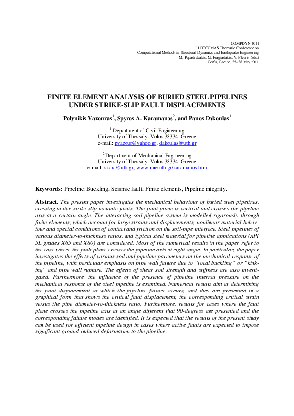 (PDF) Finite element analysis of buried steel pipelines under strike-slip fault displacements