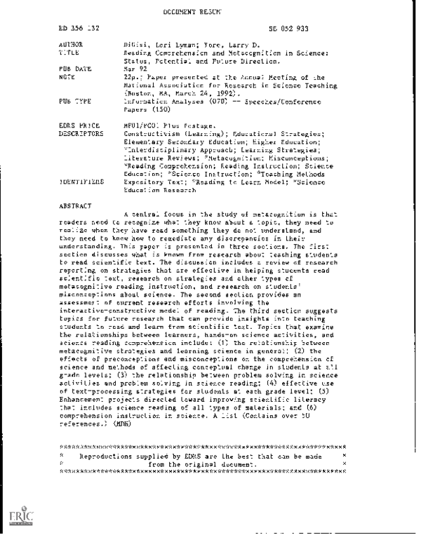 Pdf Reading Comprehension And Metacognition In Science Status Potential And Future Direction