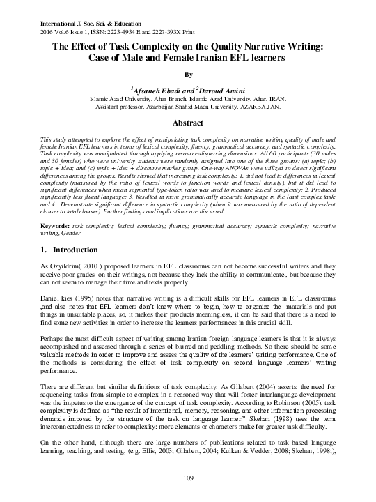 (PDF) The Effect of Task Complexity on the Quality Narrative Writing: Case of Male and Female ...