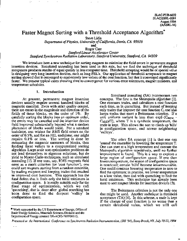 Pdf Faster Magnet Sorting With A Threshold Acceptance Algorithm