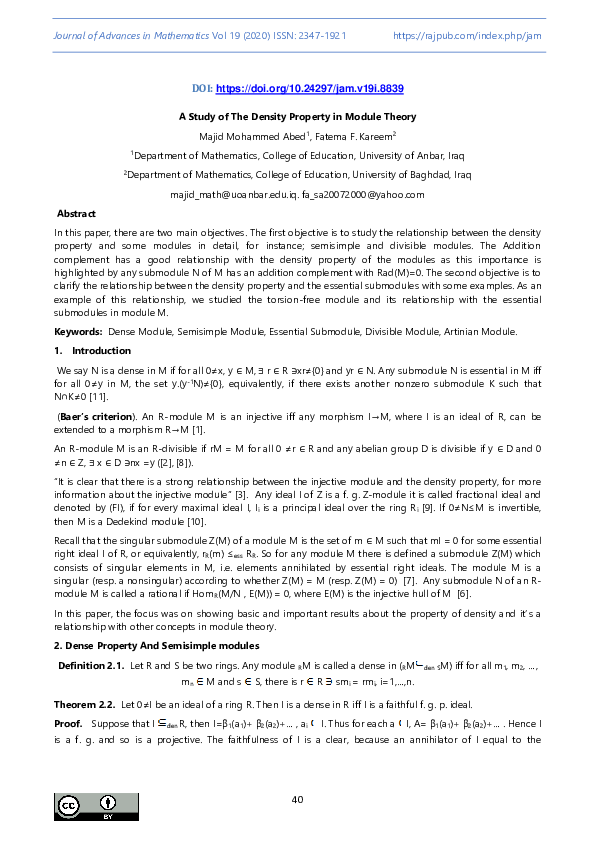 (PDF) A Study of The Density Property in Module Theory | Dr. Fatema F . Kareem - Academia.edu