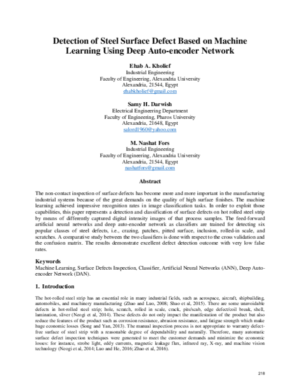 Pdf Detection Of Steel Surface Defect Based On Machine Learning Using Deep Auto Encoder Network
