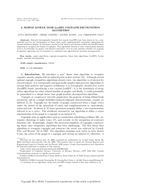 (PDF) A simple linear time LexBFS cograph recognition algorithm