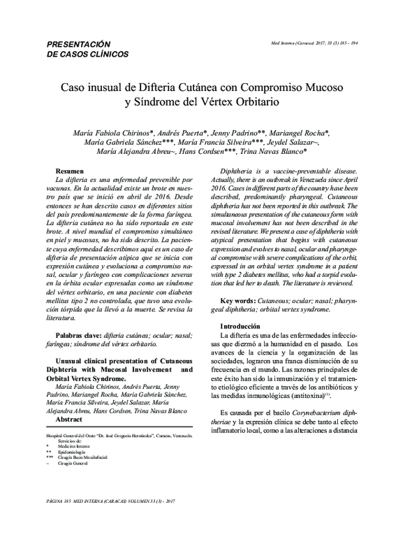(PDF) Caso inusual de Difteria Cutánea con Compromiso Mucoso y Síndrome ...