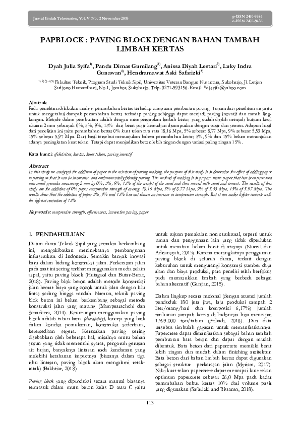 (PDF) Papblock : Paving Block Dengan Bahan Tambah Limbah Kertas