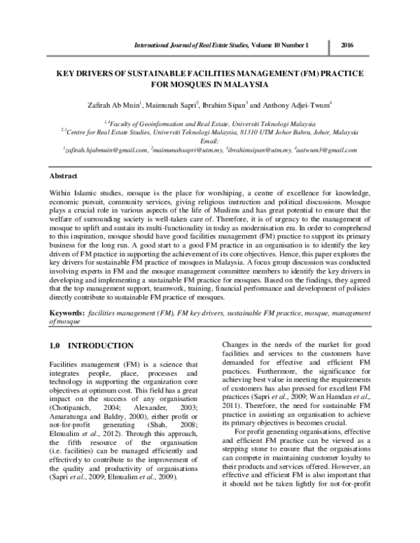 (PDF) Key Drivers of Sustainable Facilities Management (FM) Practice ...