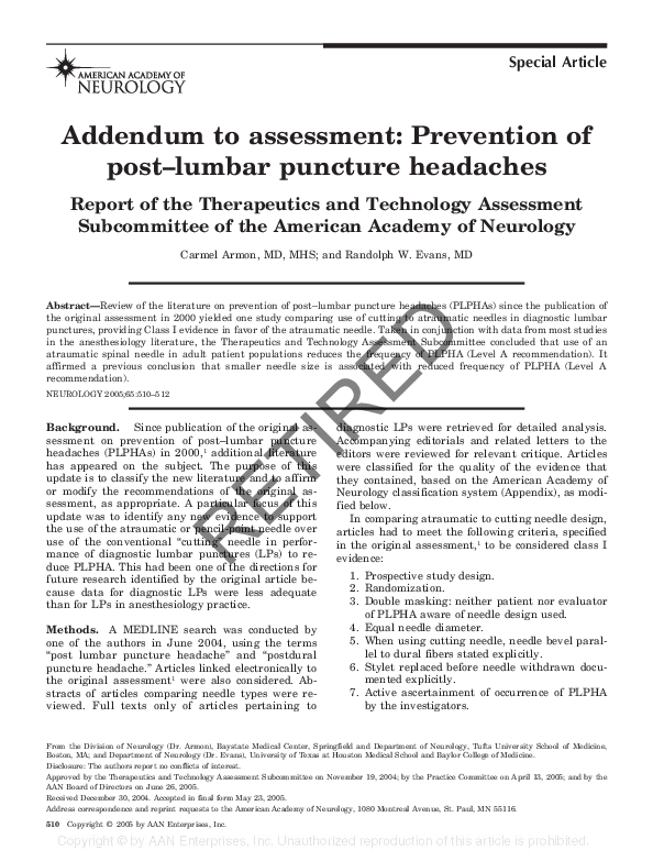 (PDF) Addendum to assessment: Prevention of post-lumbar puncture ...