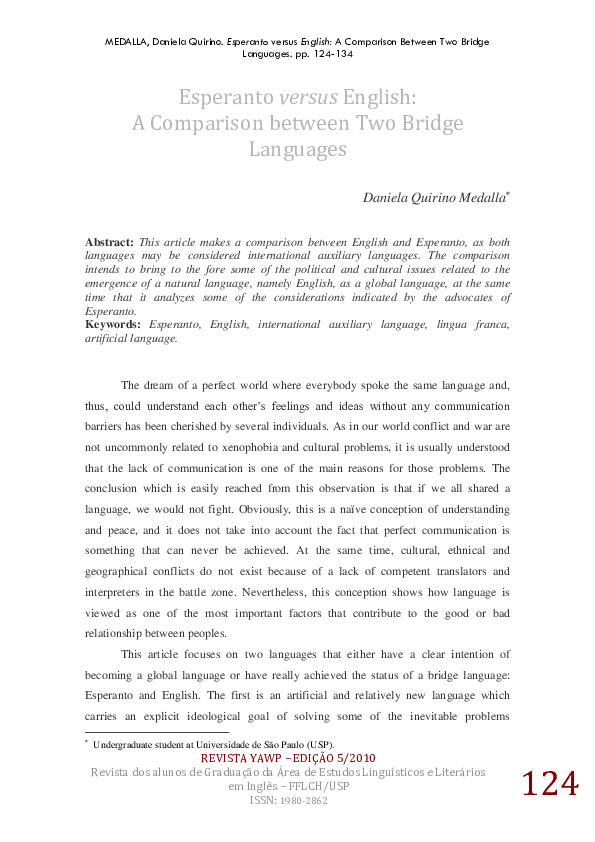 (PDF) Esperanto versus English: A Comparison between Two Bridge Languages