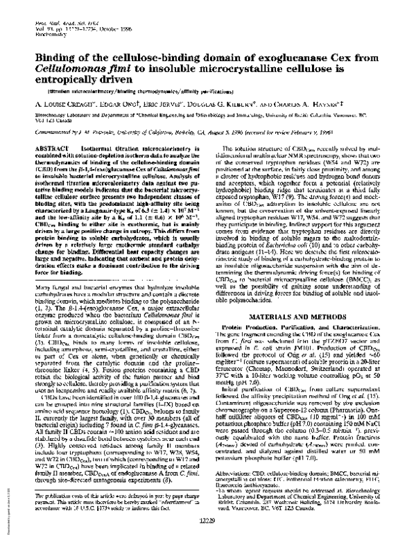 (PDF) Binding of the cellulose-binding domain of exoglucanase Cex from ...