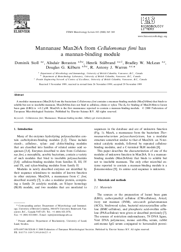 (PDF) Mannanase Man26A from Cellulomonas fimi has a mannan-binding module