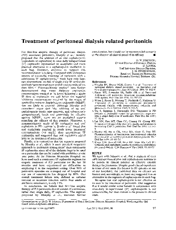 (PDF) Treatment of peritoneal dialysis related peritonitis | MICHAEL SURANYI - Academia.edu
