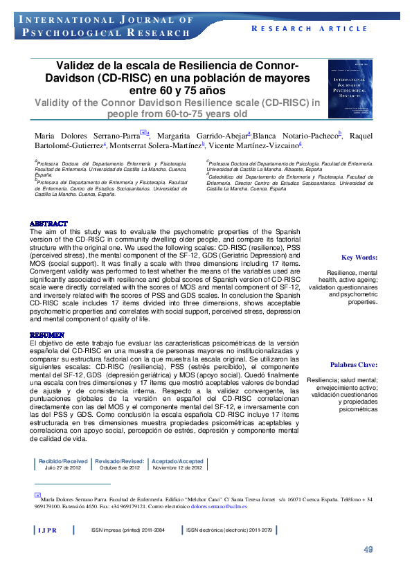 (PDF) Validity of the Connor Davidson Resilience scale (CD-RISC) in people from 60-to-75 years old