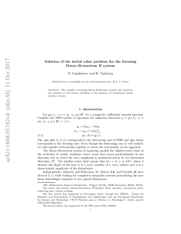 Pdf Solution Of The Initial Value Problem For The Focusing Davey Stewartson Ii System B