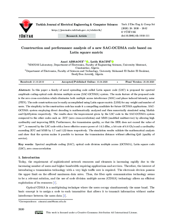 Pdf Construction And Performance Analysis Of A New Sac Ocdma Code Based On Latin Square Matrix