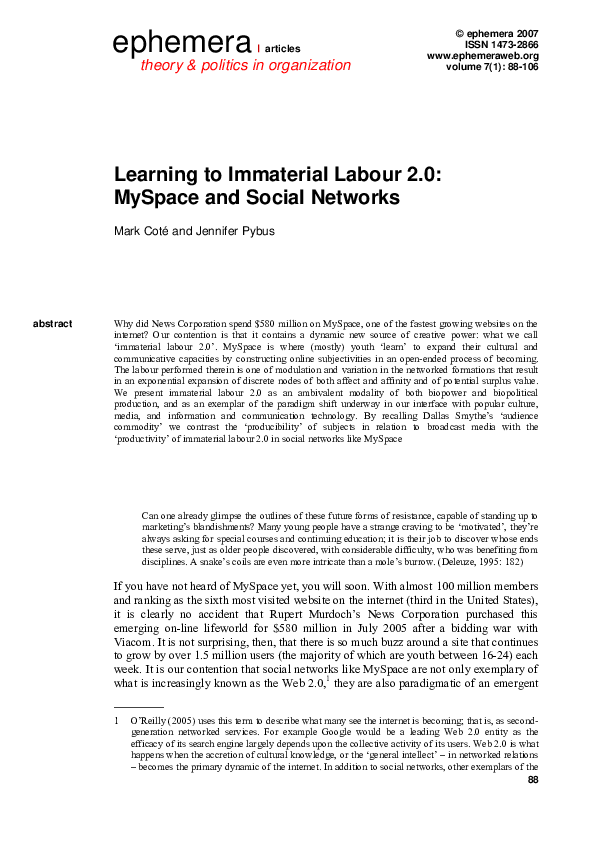 (PDF) Learning to immaterial labour 2.0: MySpace and social networks