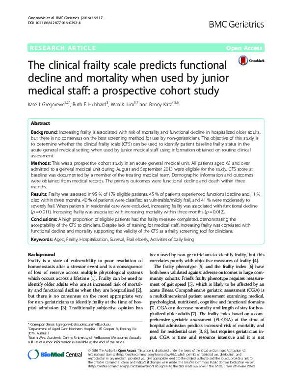 (PDF) The clinical frailty scale predicts functional decline and ...