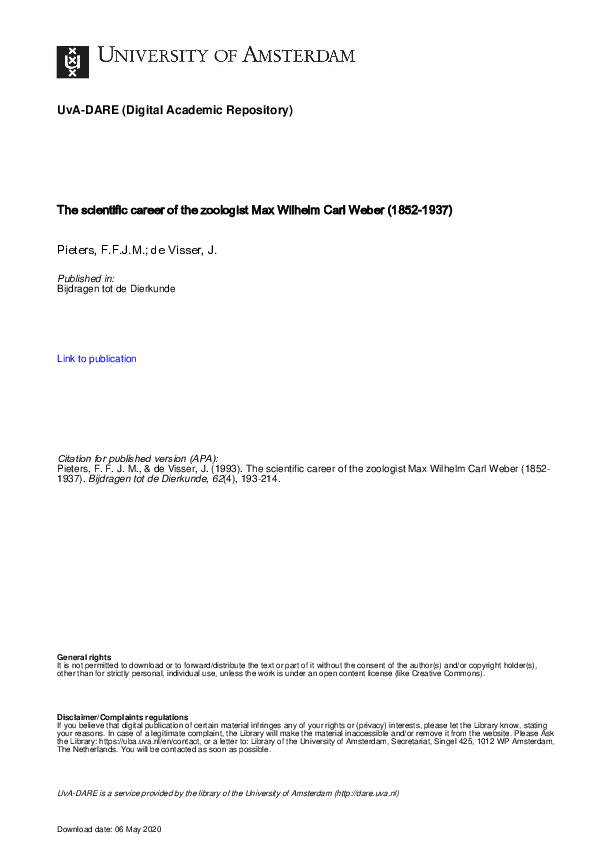(PDF) The scientific career of the zoologist Max Wilhelm Cari Weber ...