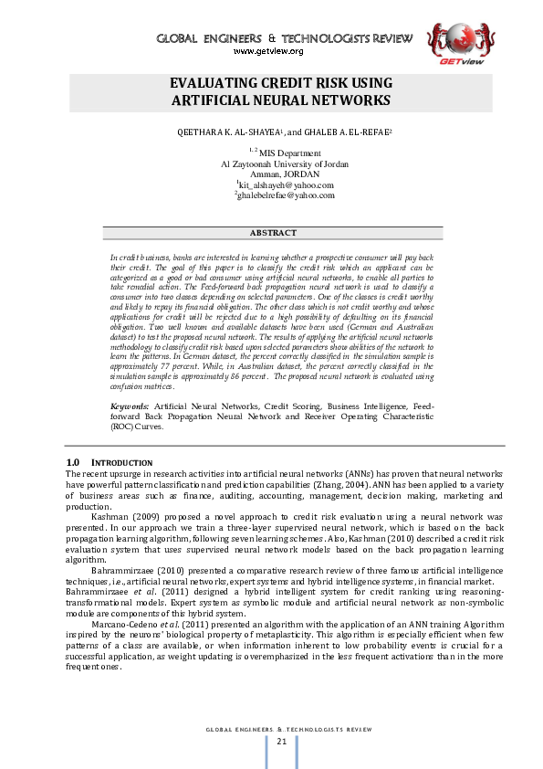 (PDF) Evaluating Credit Risk Using Artificial Neural Networks