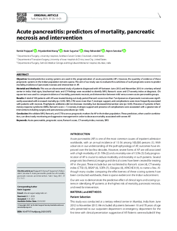 (PDF) Acute pancreatitis: predictors of mortality, pancreatic necrosis ...