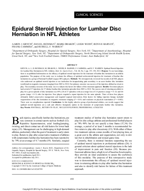(PDF) Epidural Steroid Injection for Lumbar Disc Herniation in NFL Athletes