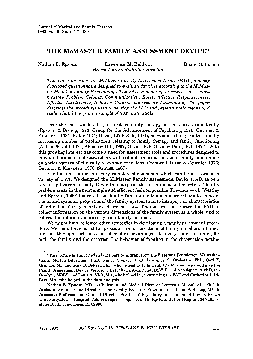 (PDF) THE McMASTER FAMILY ASSESSMENT DEVICE*