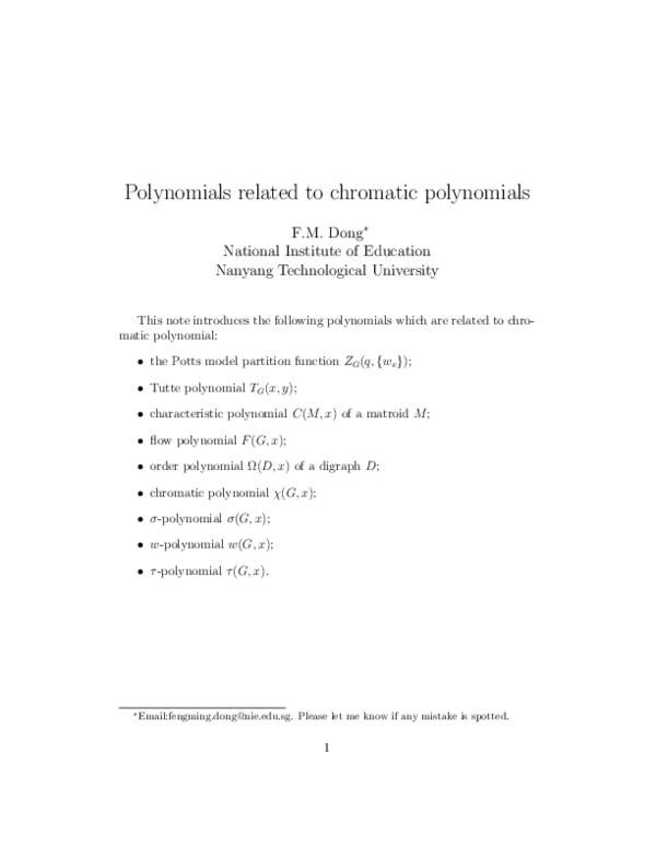 (PDF) Polynomials Related to Chromatic Polynomials | Fengming Dong ...