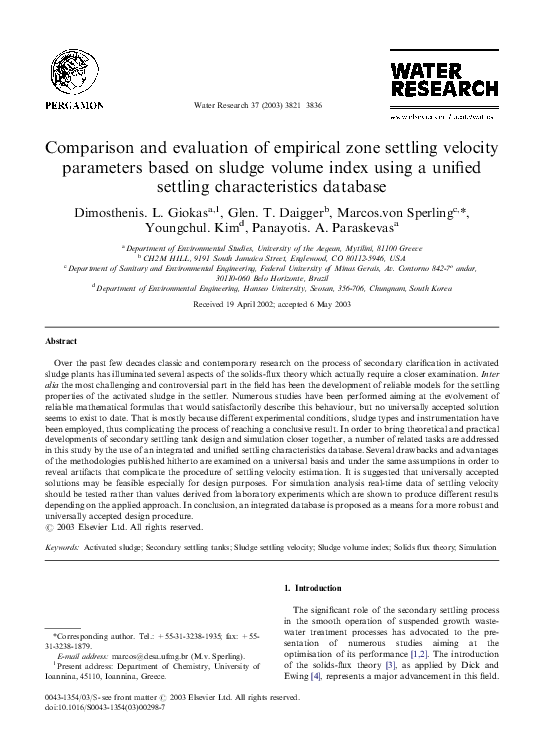 (PDF) Comparison and evaluation of empirical zone settling velocity parameters based on sludge ...