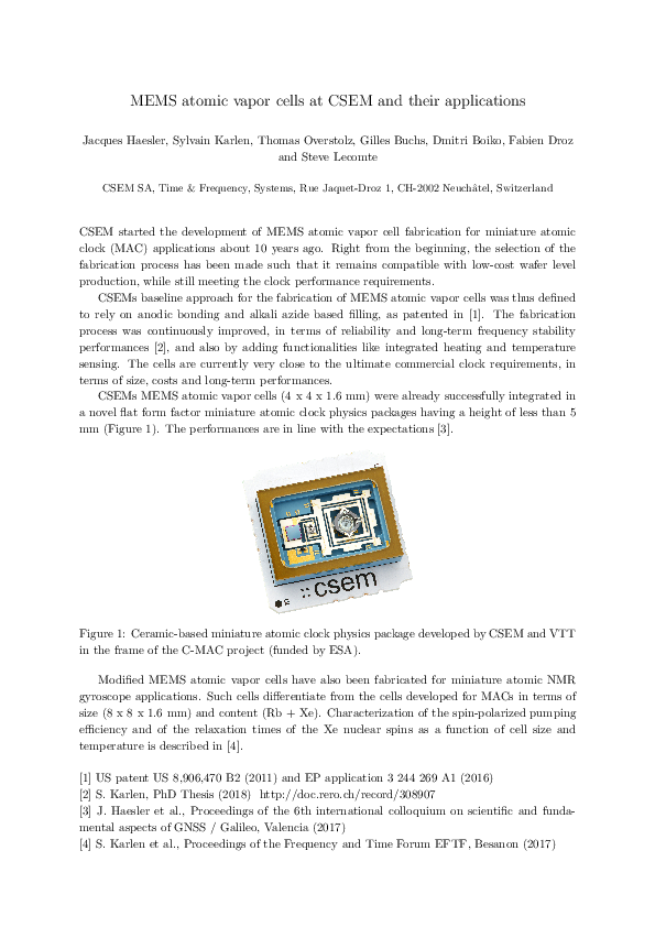 (PDF) MEMS atomic vapor cells at CSEM and their applications | Gilles ...